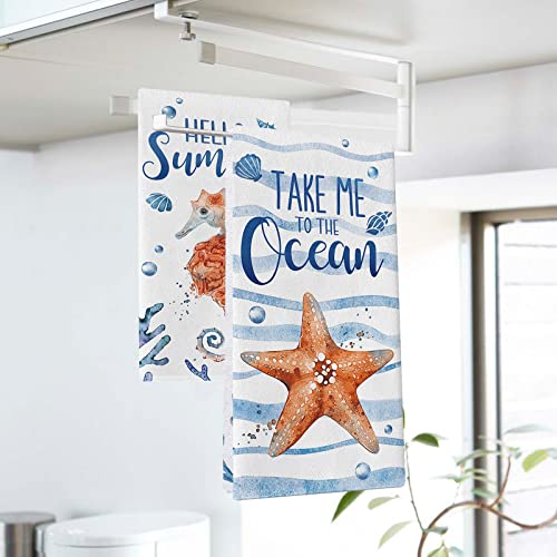 Seliem Hello Summer Sea Horse Starfish Kitchen Dish Towel Set of 2, Conch Coral Coastal Beach Hand Towel Nautical Drying Baking Cooking Cloth, Take Me to The Ocean Seasonal Home Kitchen Decor 18x26