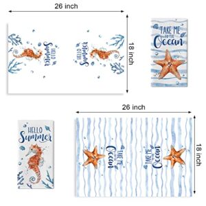 Seliem Hello Summer Sea Horse Starfish Kitchen Dish Towel Set of 2, Conch Coral Coastal Beach Hand Towel Nautical Drying Baking Cooking Cloth, Take Me to The Ocean Seasonal Home Kitchen Decor 18x26