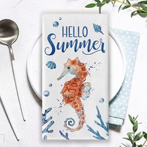 Seliem Hello Summer Sea Horse Starfish Kitchen Dish Towel Set of 2, Conch Coral Coastal Beach Hand Towel Nautical Drying Baking Cooking Cloth, Take Me to The Ocean Seasonal Home Kitchen Decor 18x26