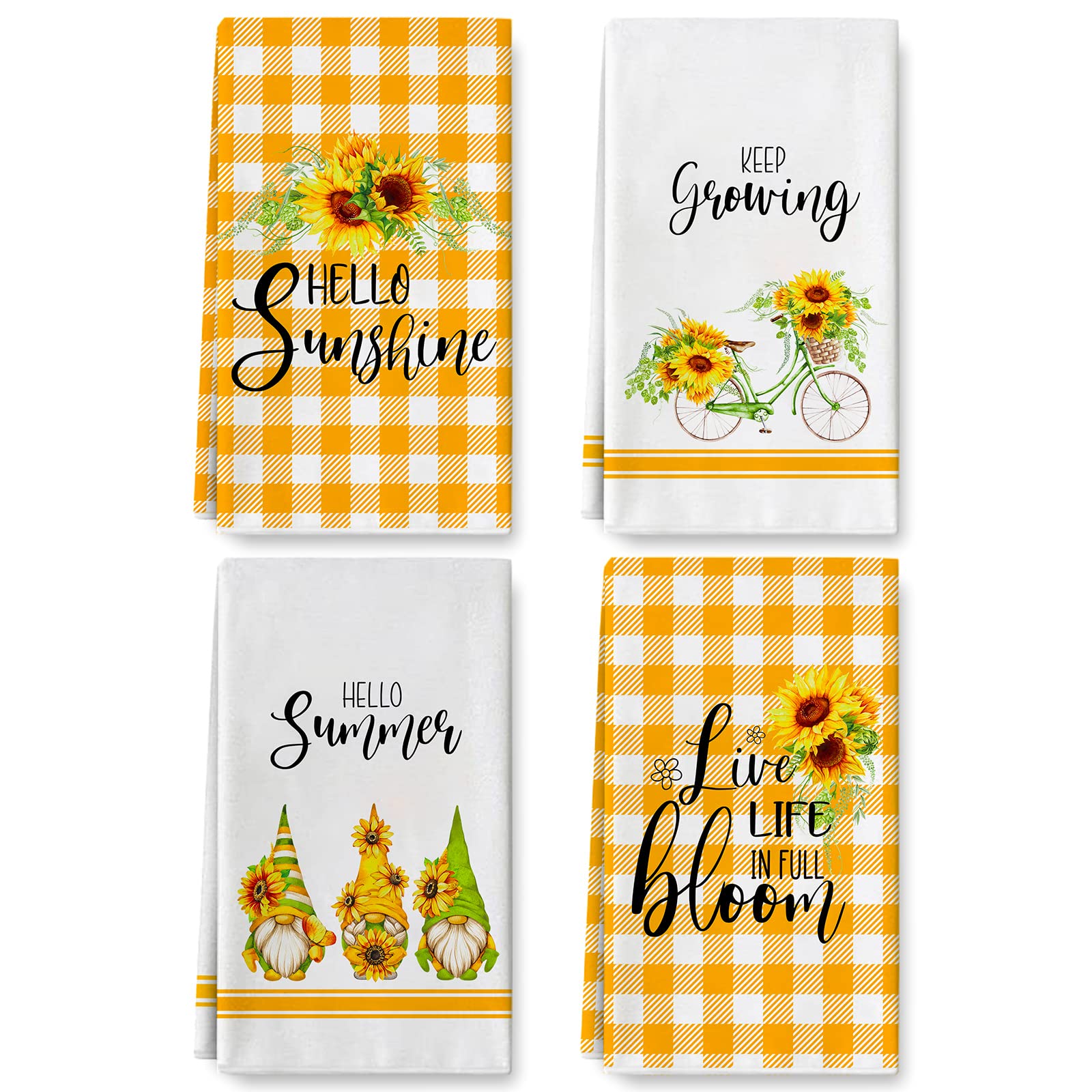 AnyDesign Sunflower Dish Towel 18x28 Inch Spring Summer Tea Towel Orange White Buffalo Plaids Flower Dishcloth Hello Sunshine Gnome Decorative Hand Towel for Bathroom Cooking, 4Pcs, A0196