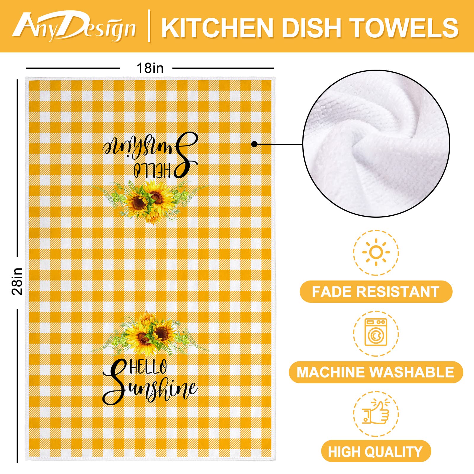 AnyDesign Sunflower Dish Towel 18x28 Inch Spring Summer Tea Towel Orange White Buffalo Plaids Flower Dishcloth Hello Sunshine Gnome Decorative Hand Towel for Bathroom Cooking, 4Pcs, A0196