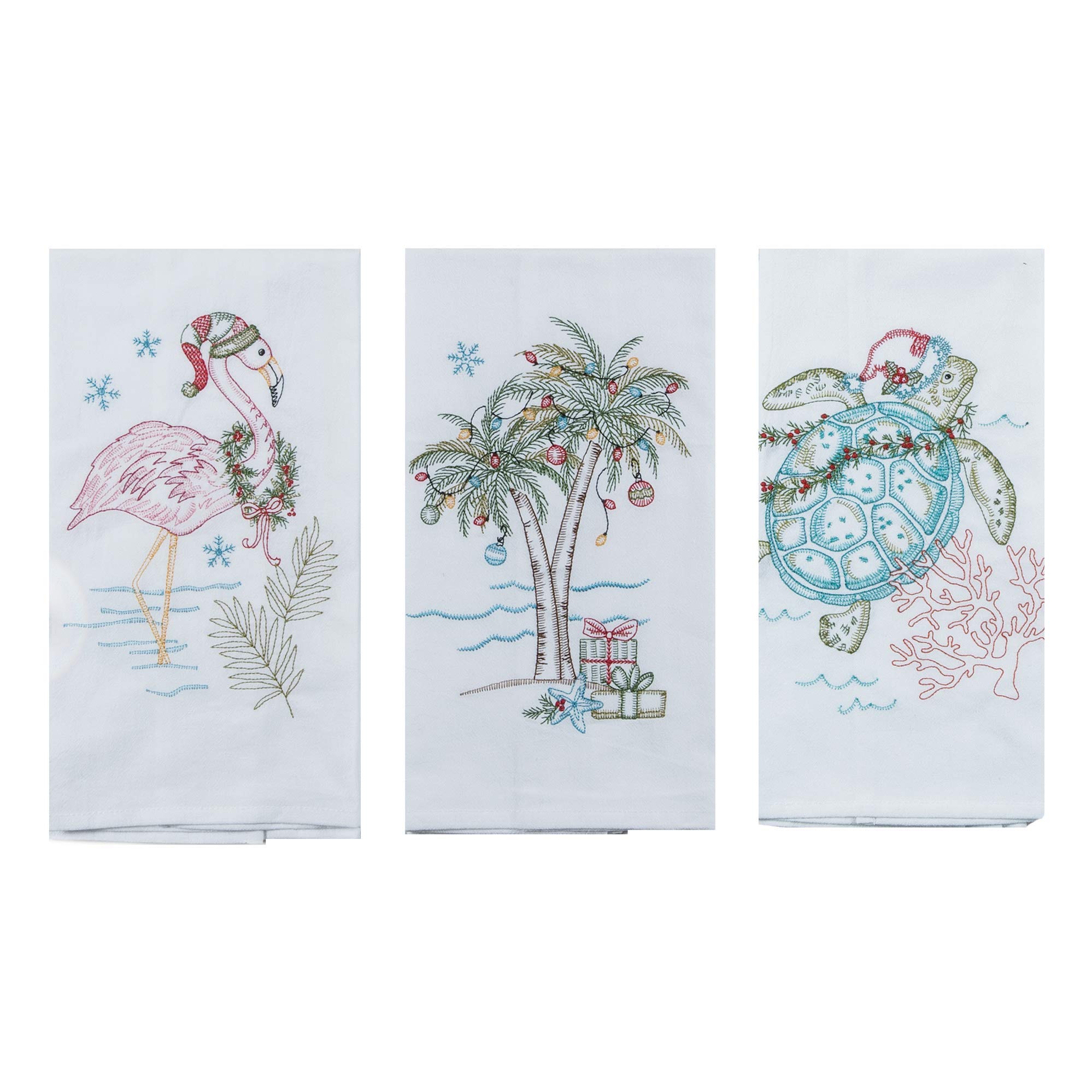 Kay Dee Designs Coastal Holiday Embroidered Flour Sack Towels - Flamingo, Palm Tree, and Sea Turtle - Set of 3 Designs