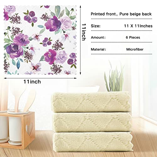 CaTaKu Purple Flower Microfiber Reusable Cleaning Cloths Kitchen Dish Cloths Dish Rags for Washing Dishes, Watercolor Rose Dish Towels Washcloths for Kitchen Drying, 6 Pack