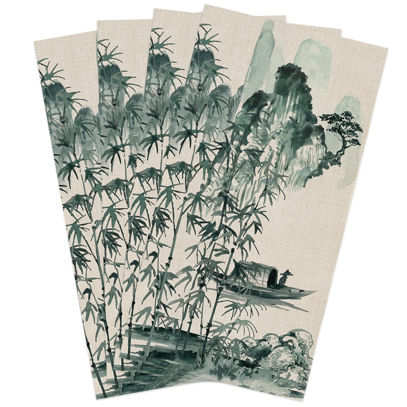 PIEPLE Traditional Chinese Kitchen Towels - 4 Pack Microfiber Absorbent Dish Towels for Kitchen, Classic Mountain Floral Boat Painting Farmhouse Kitchen Hand Towels/Tea Towels/Bar Towels 18"x28"