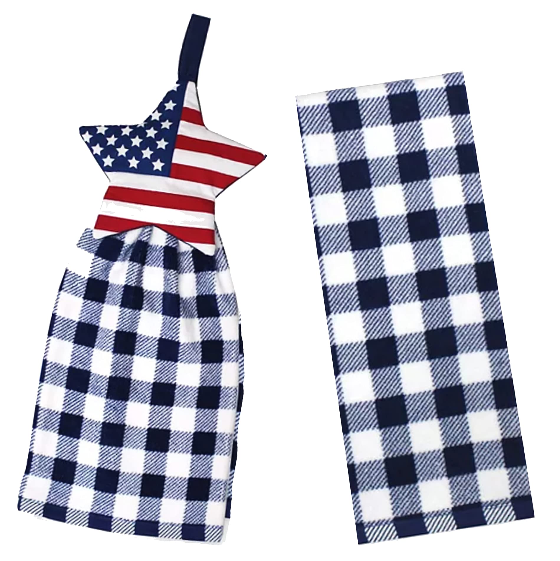 Celebrate Patriotic Kitchen Towels, Set of 2 Coordinating Cotton Terry Dishtowels, Red, White, Blue Flag Star Tie Top and Blue White Buffalo Plaid for 4th of July, Memorial or Labor Day