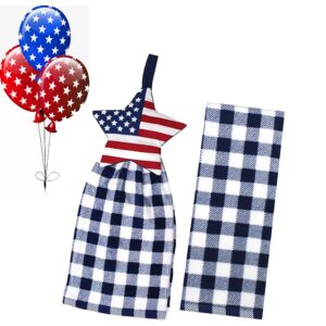 Celebrate Patriotic Kitchen Towels, Set of 2 Coordinating Cotton Terry Dishtowels, Red, White, Blue Flag Star Tie Top and Blue White Buffalo Plaid for 4th of July, Memorial or Labor Day