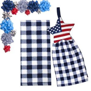 Celebrate Patriotic Kitchen Towels, Set of 2 Coordinating Cotton Terry Dishtowels, Red, White, Blue Flag Star Tie Top and Blue White Buffalo Plaid for 4th of July, Memorial or Labor Day