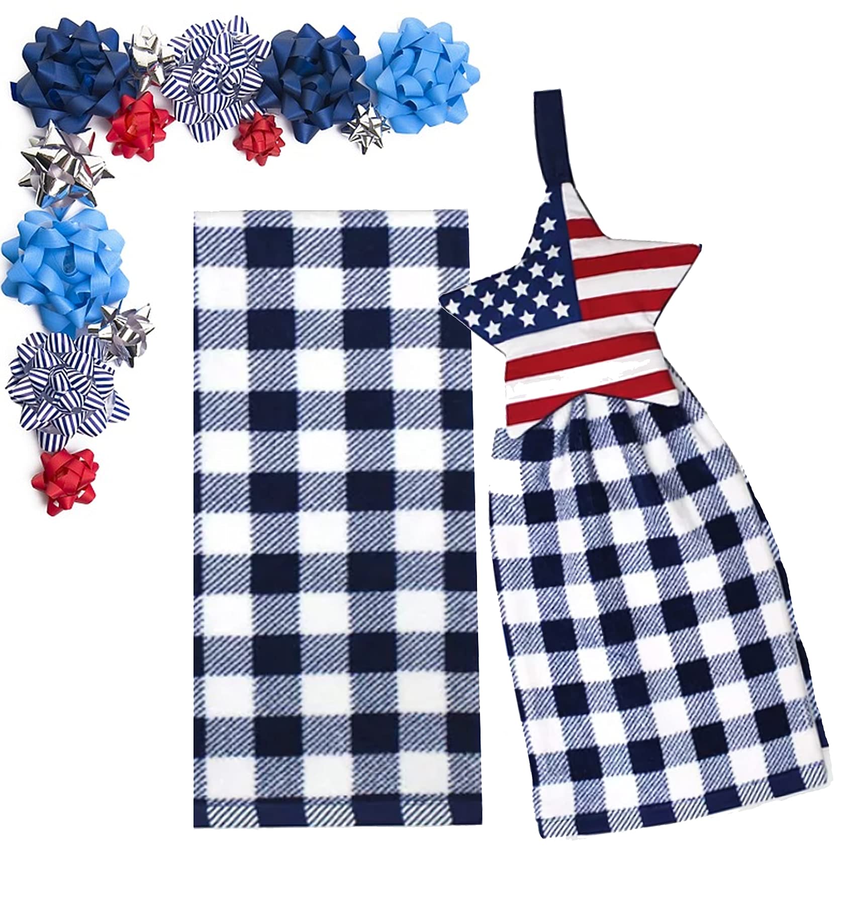 Celebrate Patriotic Kitchen Towels, Set of 2 Coordinating Cotton Terry Dishtowels, Red, White, Blue Flag Star Tie Top and Blue White Buffalo Plaid for 4th of July, Memorial or Labor Day