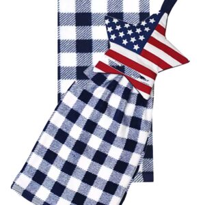 Celebrate Patriotic Kitchen Towels, Set of 2 Coordinating Cotton Terry Dishtowels, Red, White, Blue Flag Star Tie Top and Blue White Buffalo Plaid for 4th of July, Memorial or Labor Day