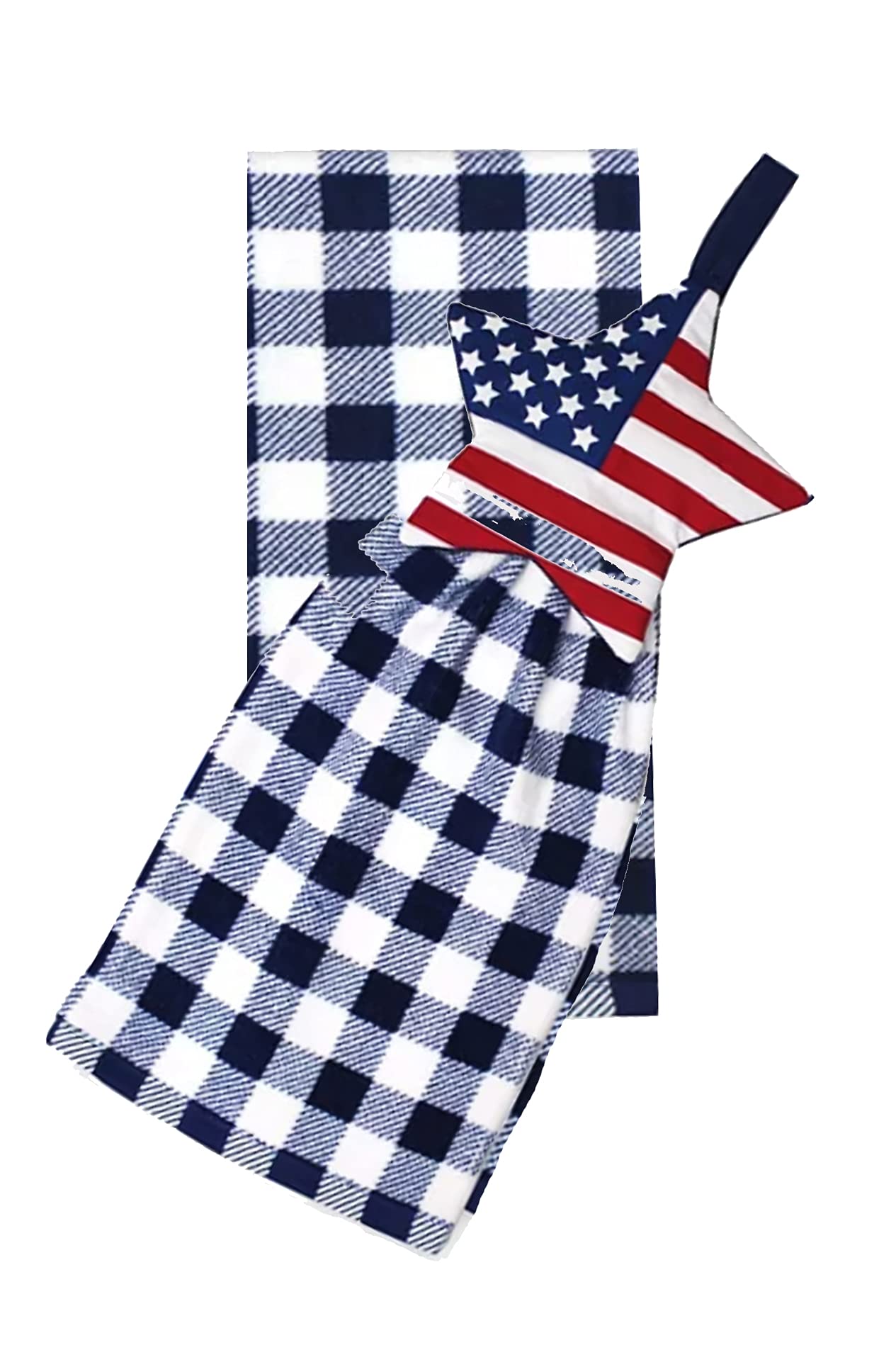 Celebrate Patriotic Kitchen Towels, Set of 2 Coordinating Cotton Terry Dishtowels, Red, White, Blue Flag Star Tie Top and Blue White Buffalo Plaid for 4th of July, Memorial or Labor Day