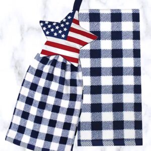 Celebrate Patriotic Kitchen Towels, Set of 2 Coordinating Cotton Terry Dishtowels, Red, White, Blue Flag Star Tie Top and Blue White Buffalo Plaid for 4th of July, Memorial or Labor Day