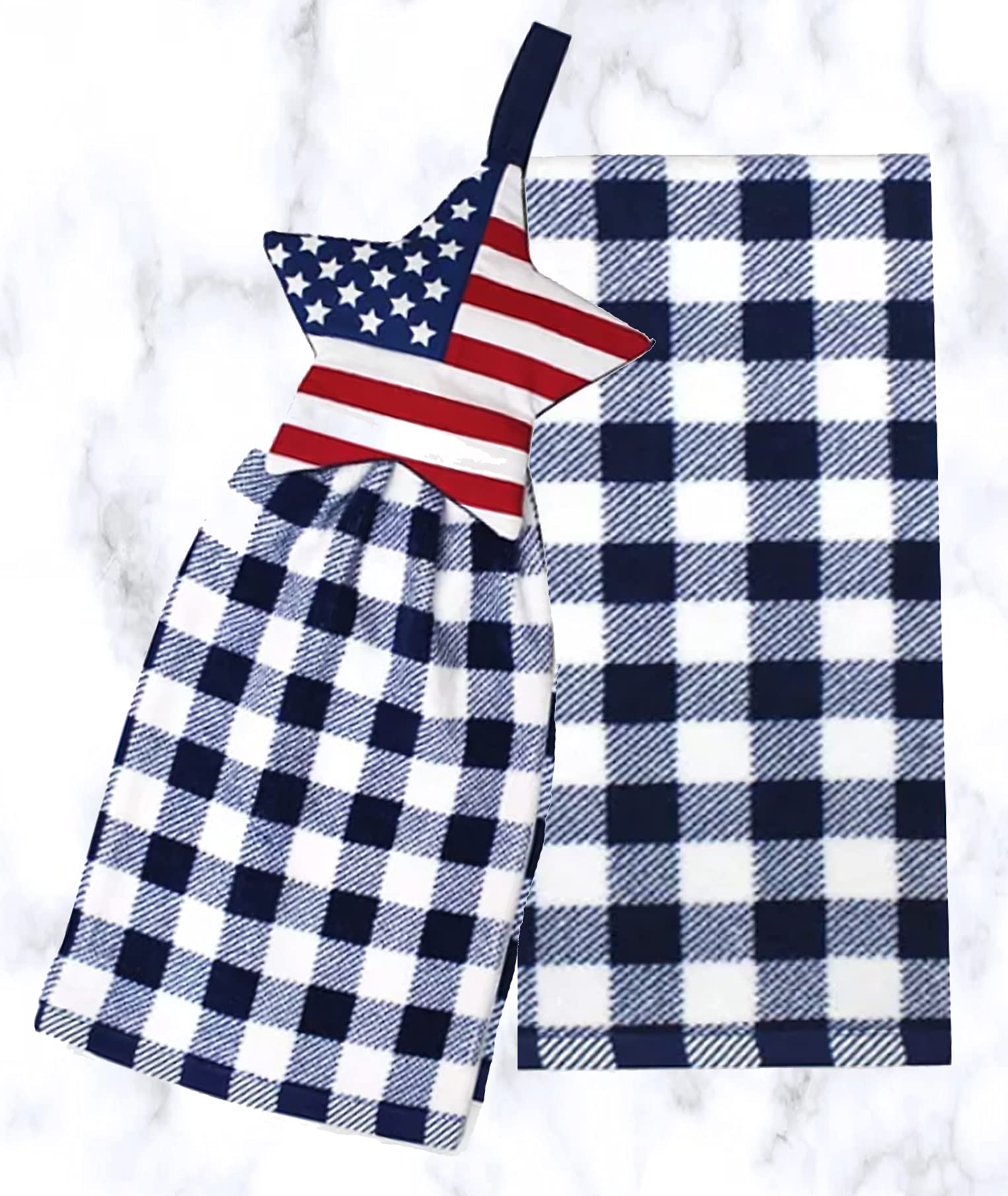 Celebrate Patriotic Kitchen Towels, Set of 2 Coordinating Cotton Terry Dishtowels, Red, White, Blue Flag Star Tie Top and Blue White Buffalo Plaid for 4th of July, Memorial or Labor Day