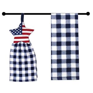 Celebrate Patriotic Kitchen Towels, Set of 2 Coordinating Cotton Terry Dishtowels, Red, White, Blue Flag Star Tie Top and Blue White Buffalo Plaid for 4th of July, Memorial or Labor Day