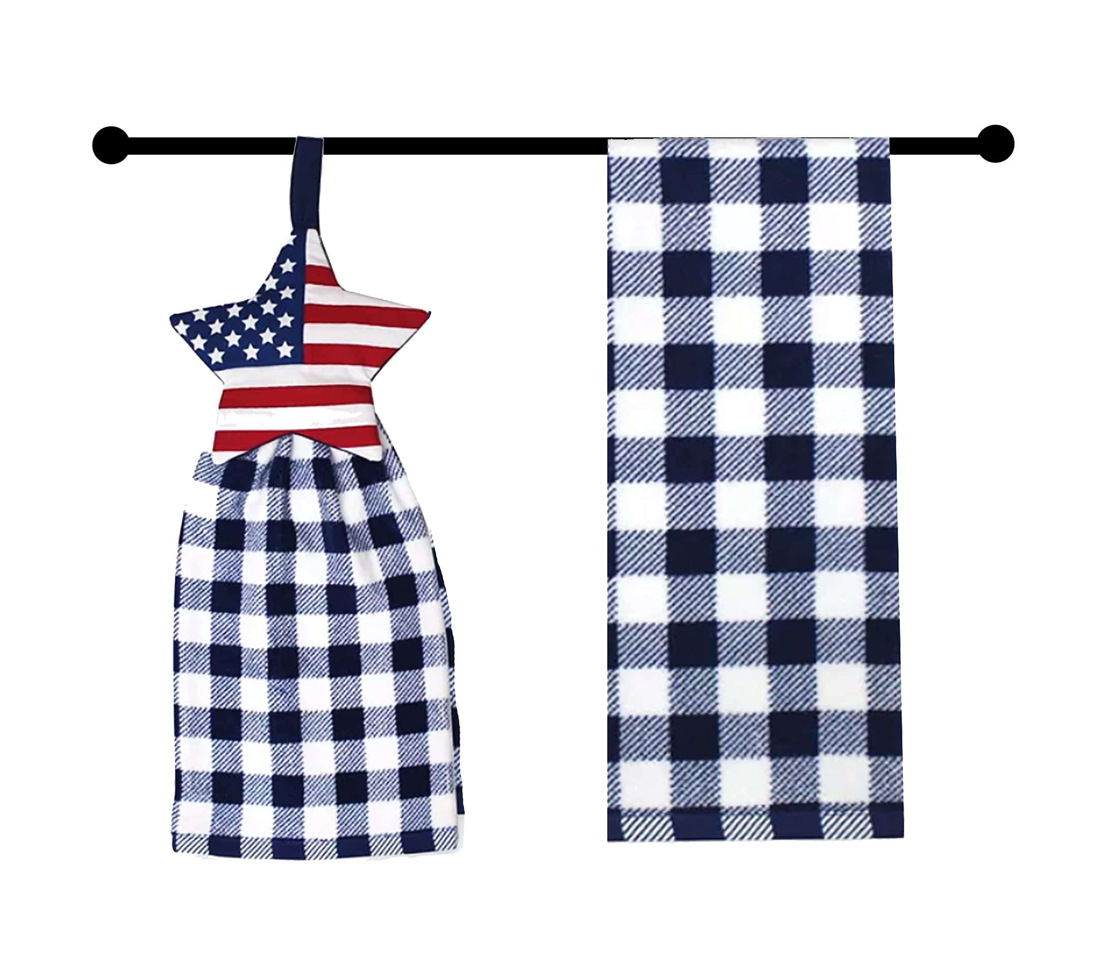 Celebrate Patriotic Kitchen Towels, Set of 2 Coordinating Cotton Terry Dishtowels, Red, White, Blue Flag Star Tie Top and Blue White Buffalo Plaid for 4th of July, Memorial or Labor Day