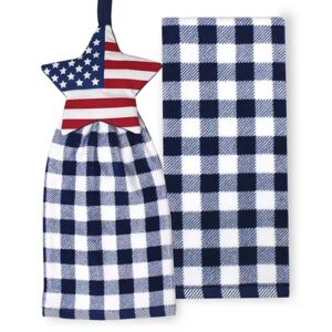 Celebrate Patriotic Kitchen Towels, Set of 2 Coordinating Cotton Terry Dishtowels, Red, White, Blue Flag Star Tie Top and Blue White Buffalo Plaid for 4th of July, Memorial or Labor Day