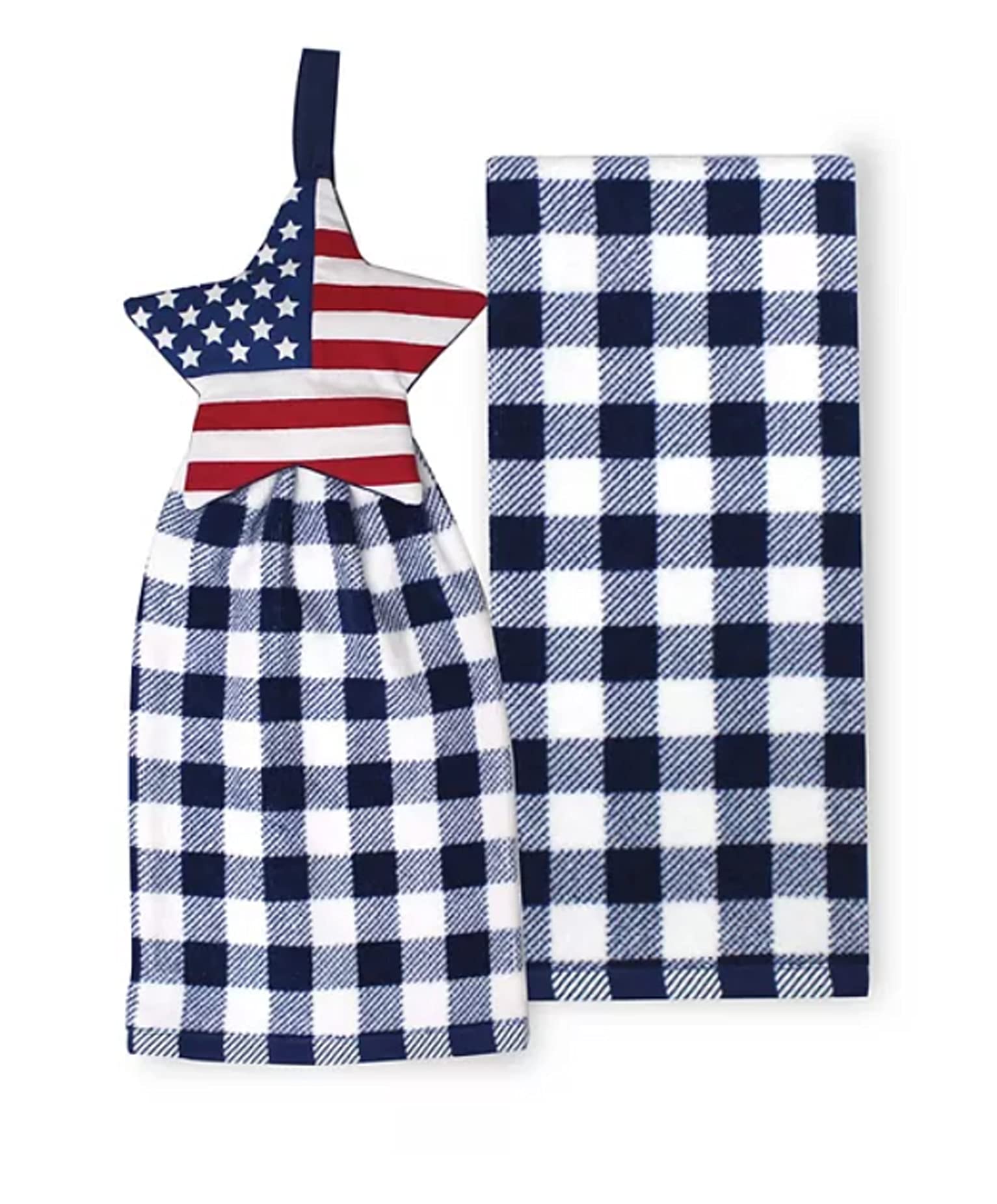 Celebrate Patriotic Kitchen Towels, Set of 2 Coordinating Cotton Terry Dishtowels, Red, White, Blue Flag Star Tie Top and Blue White Buffalo Plaid for 4th of July, Memorial or Labor Day