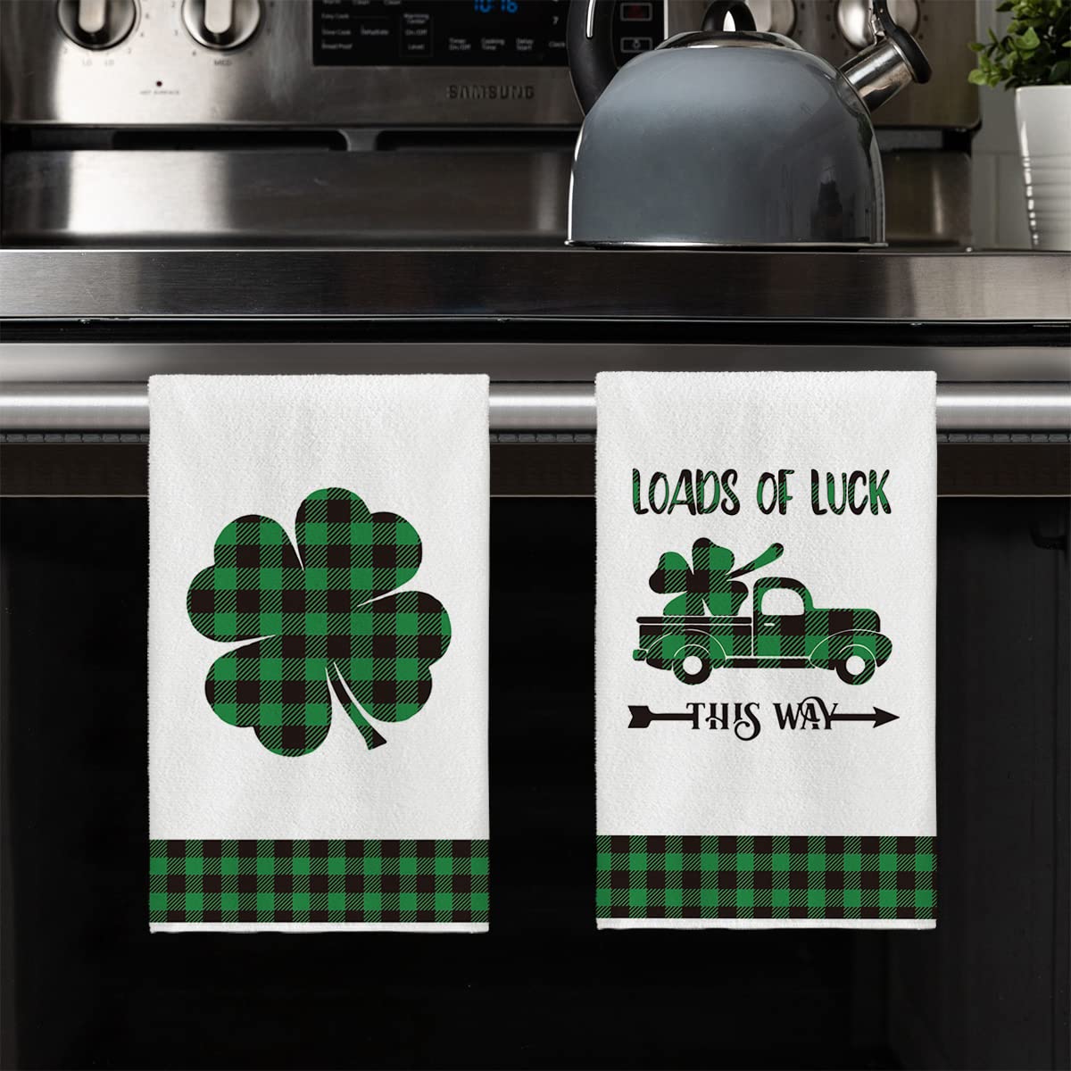 Artoid Mode Buffalo Plaid Lucky Clover Shamrock Truck Kitchen Dish Towels, 18 x 26 Inch Seasonal St. Patrick's Day Ultra Absorbent Drying Cloth Tea Towels for Cooking Baking Set of 2