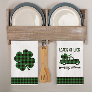 Artoid Mode Buffalo Plaid Lucky Clover Shamrock Truck Kitchen Dish Towels, 18 x 26 Inch Seasonal St. Patrick's Day Ultra Absorbent Drying Cloth Tea Towels for Cooking Baking Set of 2