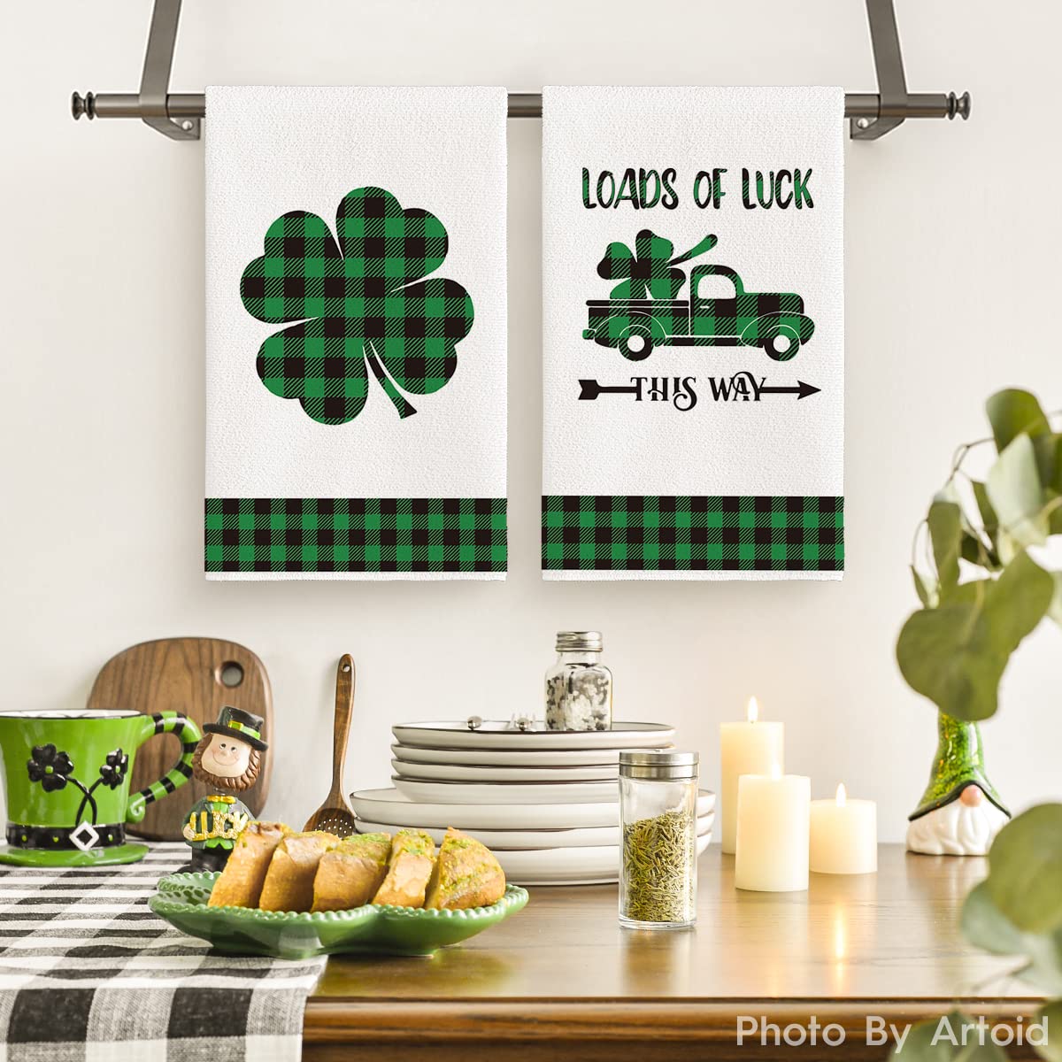 Artoid Mode Buffalo Plaid Lucky Clover Shamrock Truck Kitchen Dish Towels, 18 x 26 Inch Seasonal St. Patrick's Day Ultra Absorbent Drying Cloth Tea Towels for Cooking Baking Set of 2