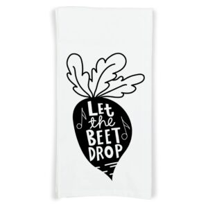 Let the Beet Drop Flour Sack Kitchen Towel with Hanging Loop - Funny Cute Vegetable Pun Dish Cloth Housewarming Hostess Birthday Christmas Veggie Lover Gift