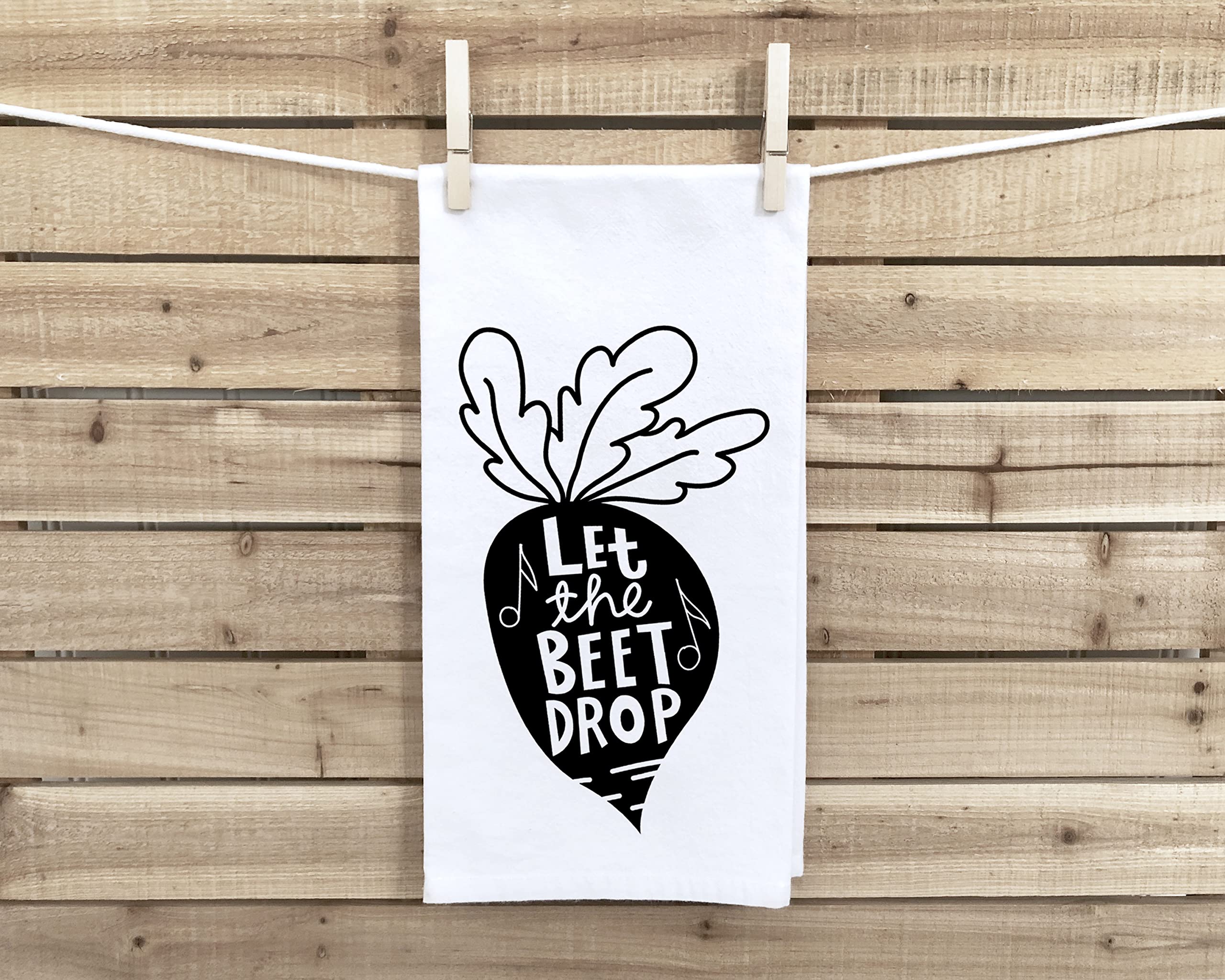 Let the Beet Drop Flour Sack Kitchen Towel with Hanging Loop - Funny Cute Vegetable Pun Dish Cloth Housewarming Hostess Birthday Christmas Veggie Lover Gift