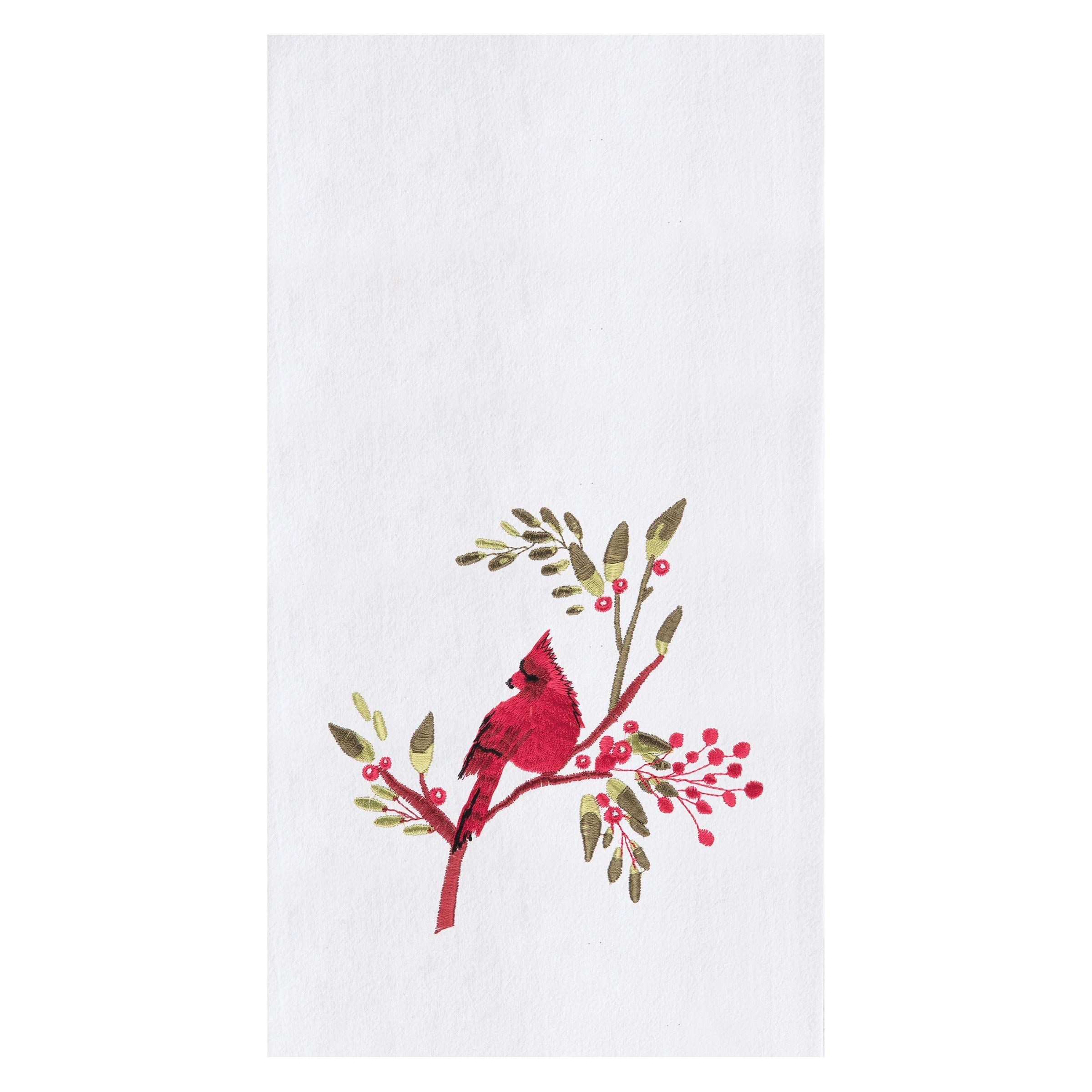 C&F Home Holiday Winter Themed Single Red Cardinal Embroidered Sitting on Red Berry Tree Flour Sack Christmas Dishtowel Decor Decoration 27L x 18W in. 18" x 27" White