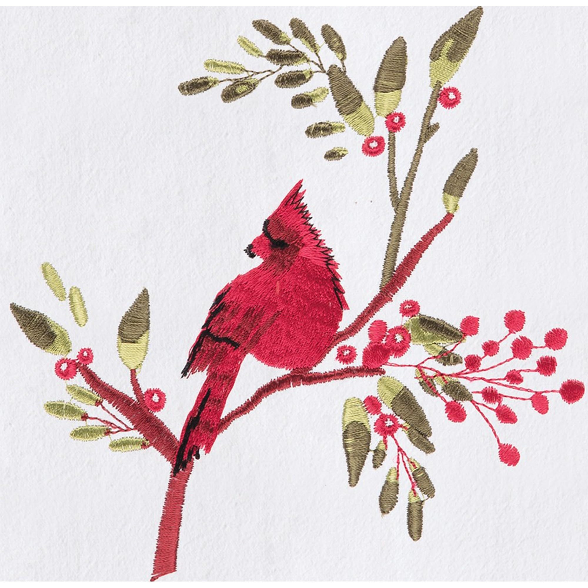 C&F Home Holiday Winter Themed Single Red Cardinal Embroidered Sitting on Red Berry Tree Flour Sack Christmas Dishtowel Decor Decoration 27L x 18W in. 18" x 27" White