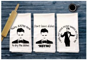 jt justin gifts, in sync, funny housewarming gift, kitchen dish towel set, gift for best friend, boy band timber lake