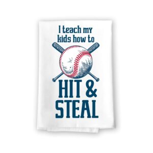 honey dew gifts funny kitchen towels, i teach my kids how to hit and steal flour sack towels, 27 inch by 27 inch, 100% cotton, multi-purpose towel, funny baseball mom towel