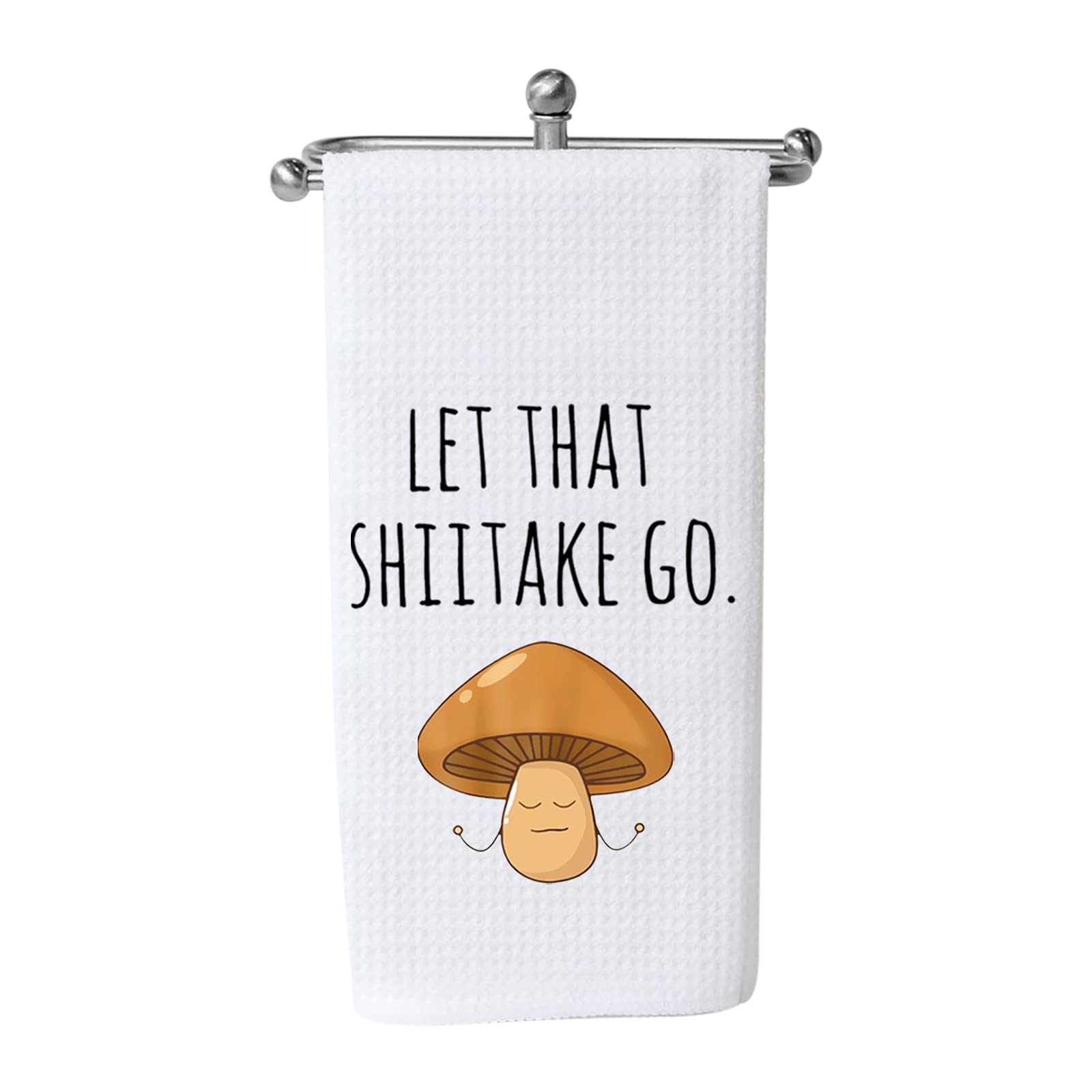 Funny Dish Towel Let That Shiitake Go Mushroom Pun Waffle Weave Kitchen Towel Sweet Housewarming Gift (Let That Shiitake Go)