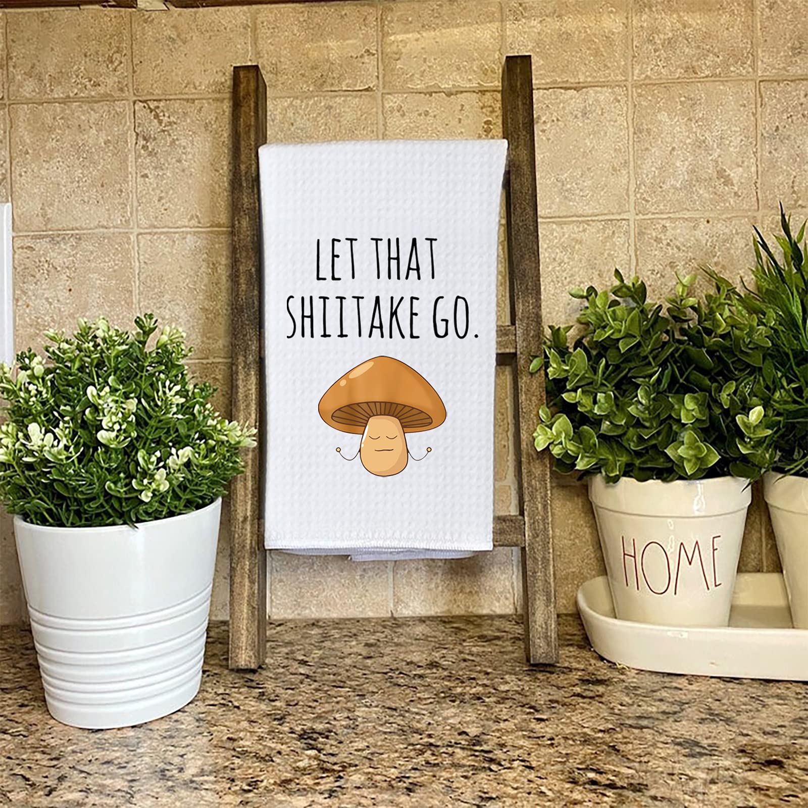 Funny Dish Towel Let That Shiitake Go Mushroom Pun Waffle Weave Kitchen Towel Sweet Housewarming Gift (Let That Shiitake Go)