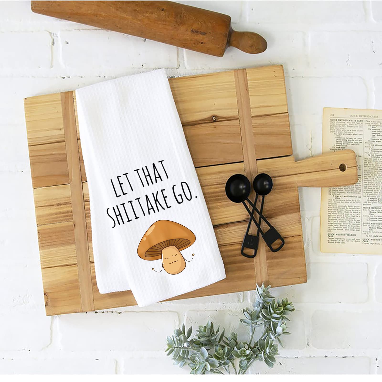 Funny Dish Towel Let That Shiitake Go Mushroom Pun Waffle Weave Kitchen Towel Sweet Housewarming Gift (Let That Shiitake Go)