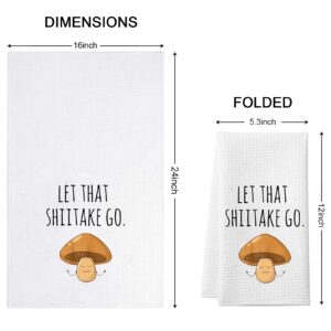 Funny Dish Towel Let That Shiitake Go Mushroom Pun Waffle Weave Kitchen Towel Sweet Housewarming Gift (Let That Shiitake Go)