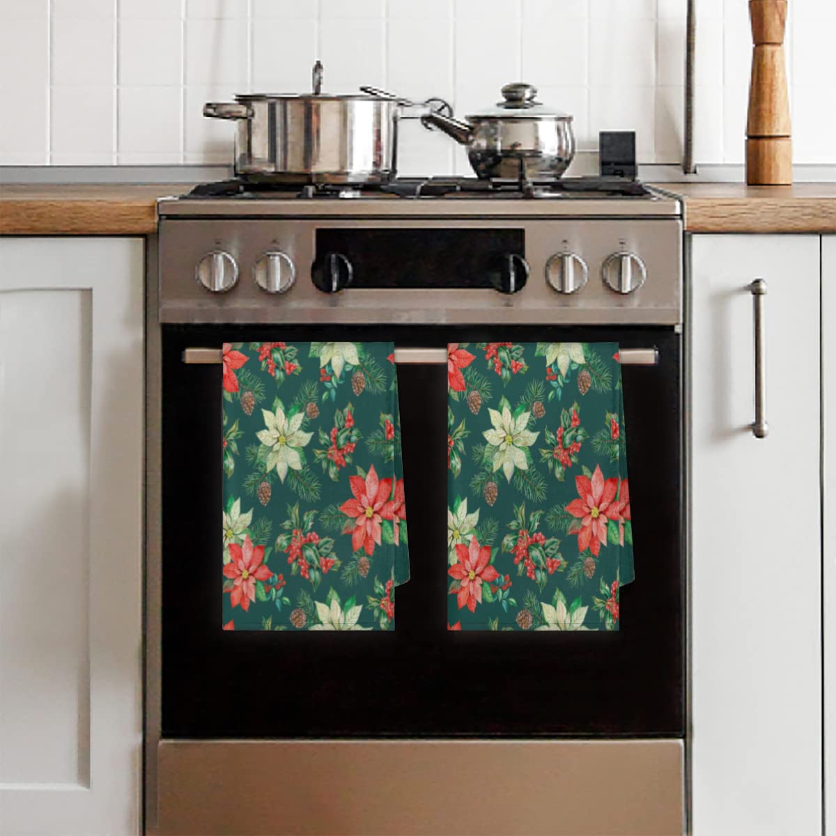 Christmas Red White Poinsettia Flowers Kitchen Towels and Dishcloths Set of 4-17.7" x 28.3" Absorbent Dish Towels with Hanging Loop Hand Towel for Farmhouse Bar Towels & Tea Towels