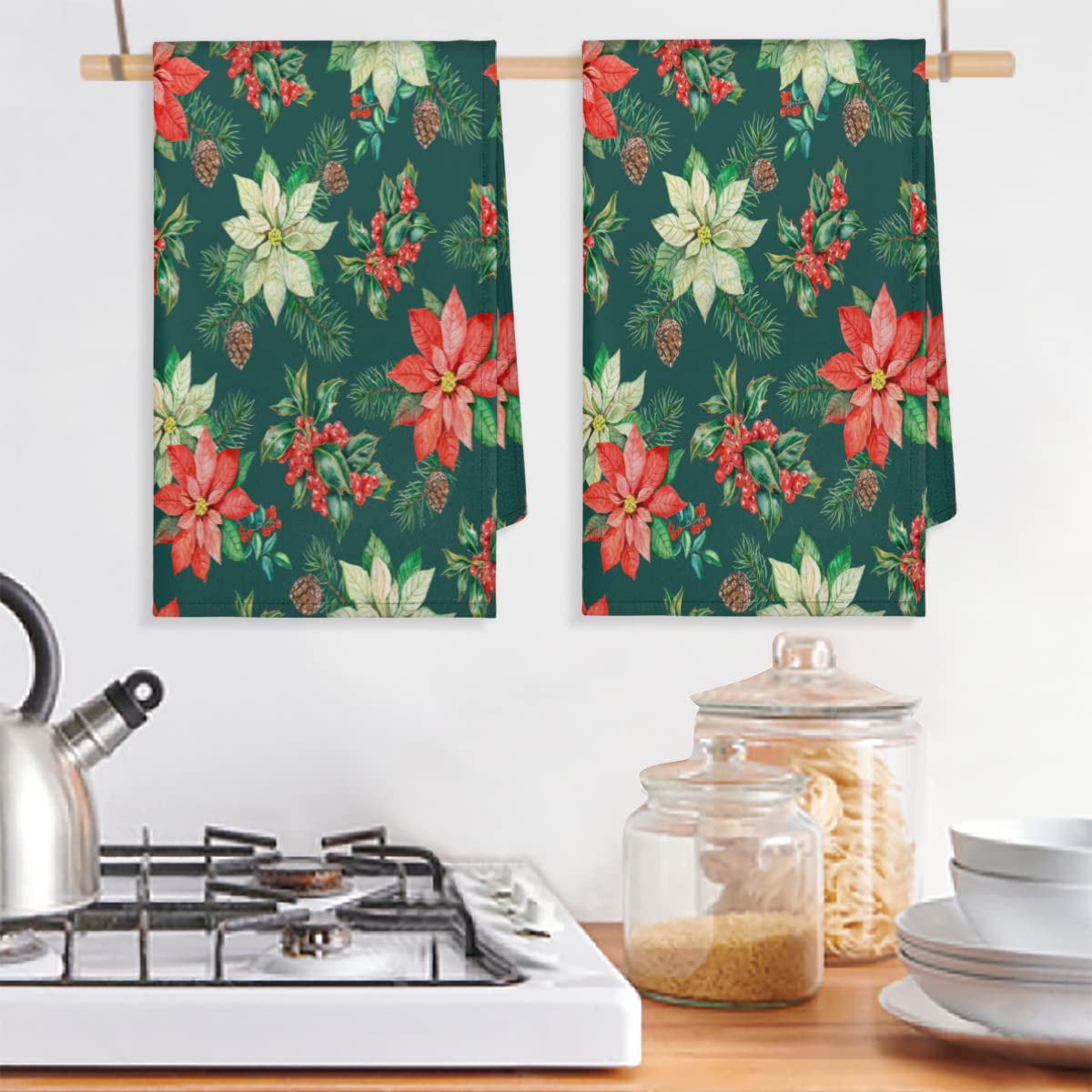 Christmas Red White Poinsettia Flowers Kitchen Towels and Dishcloths Set of 4-17.7" x 28.3" Absorbent Dish Towels with Hanging Loop Hand Towel for Farmhouse Bar Towels & Tea Towels