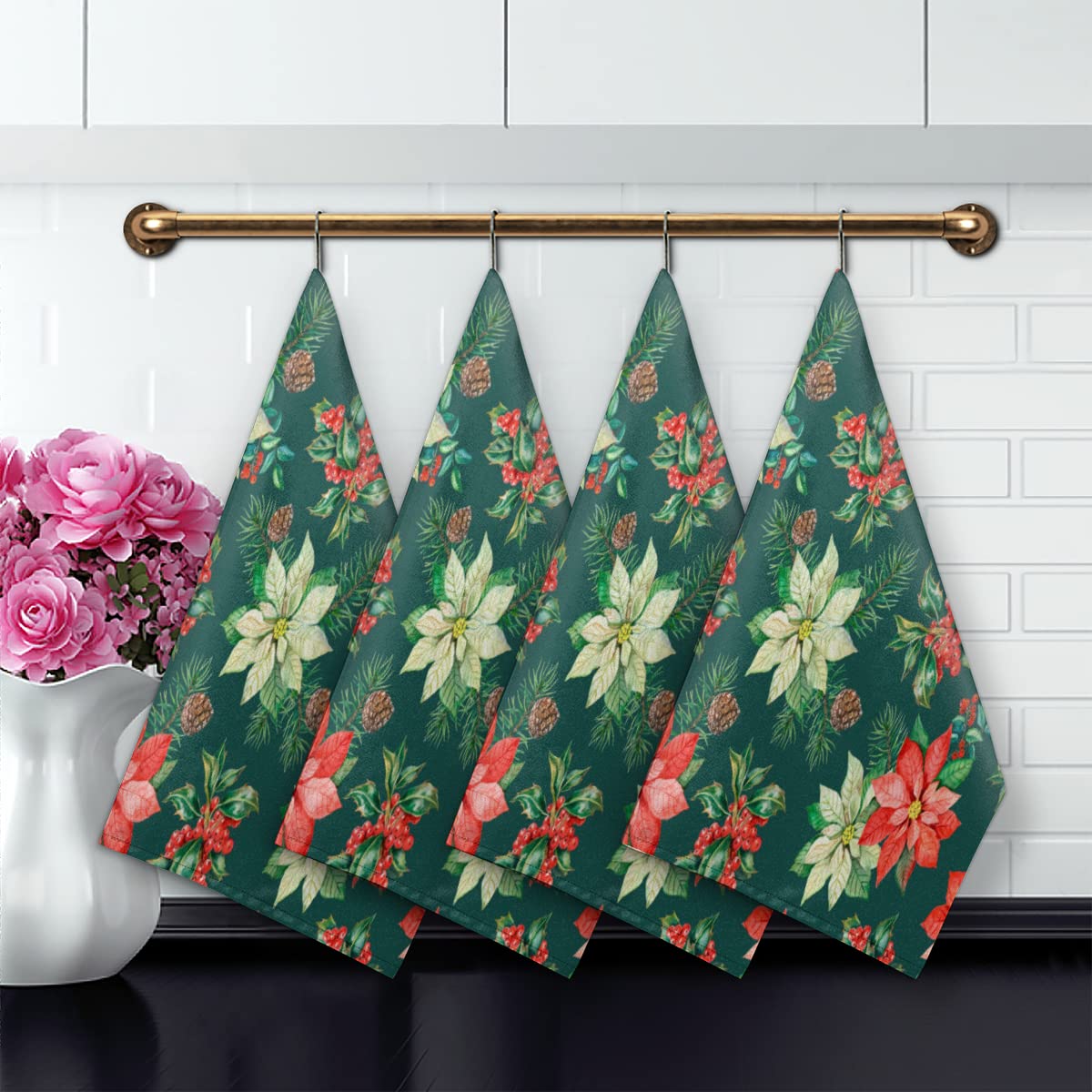 Christmas Red White Poinsettia Flowers Kitchen Towels and Dishcloths Set of 4-17.7" x 28.3" Absorbent Dish Towels with Hanging Loop Hand Towel for Farmhouse Bar Towels & Tea Towels