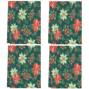 Christmas Red White Poinsettia Flowers Kitchen Towels and Dishcloths Set of 4-17.7" x 28.3" Absorbent Dish Towels with Hanging Loop Hand Towel for Farmhouse Bar Towels & Tea Towels