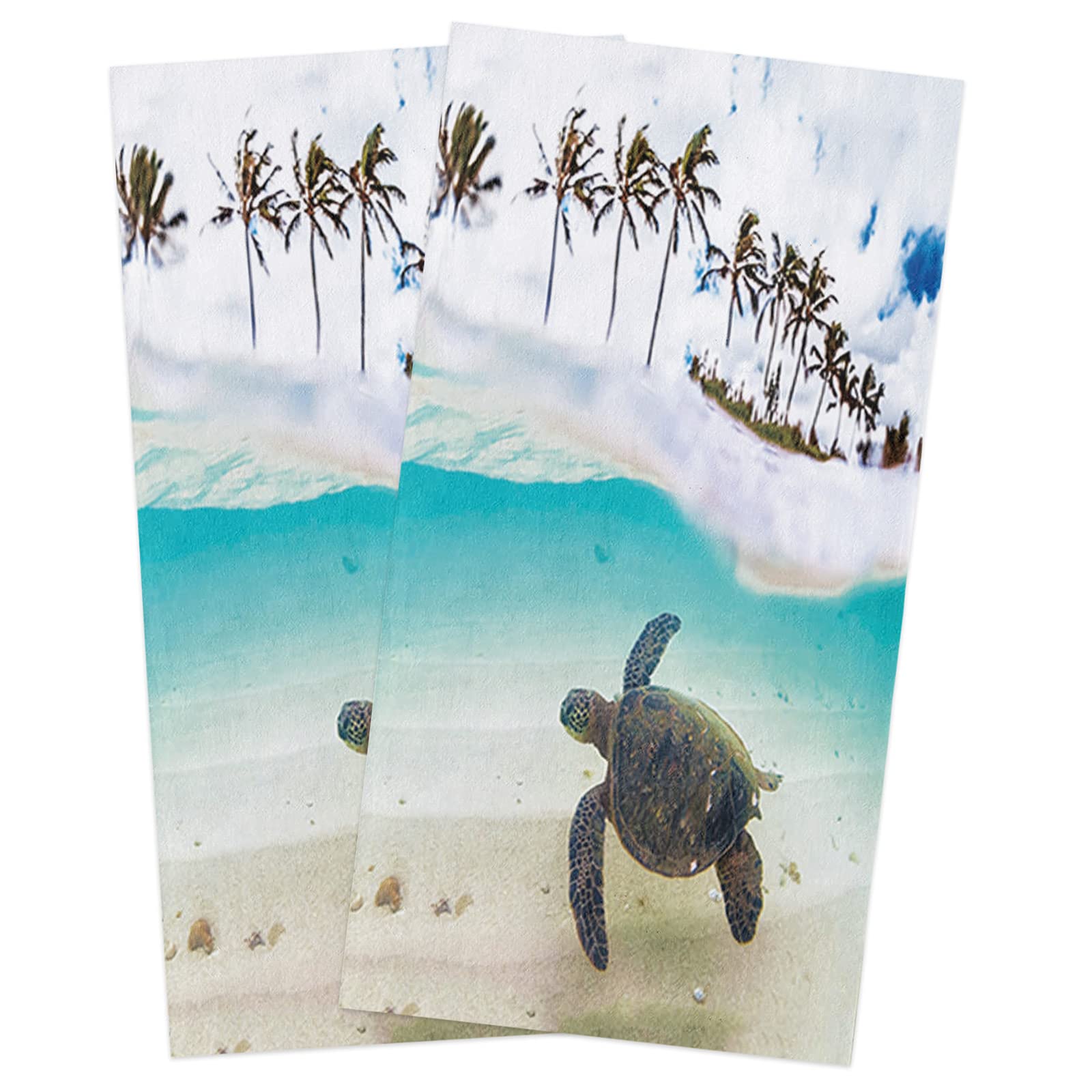 Cotton Kitchen Towels Dishcloth Tropical Sand Beach Palm Tree Sea Turtle Absorbent Kitchen Dish Towels-Reusable Cleaning Cloths for Kitchen,Tea Towels/Bar Towels/Hand Towels,18x28inch 2 Pack