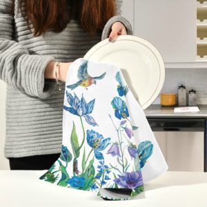 SLHKPNS Spring Blue Bird Flowers Kitchen Dish Towel Set of 4,Floral Summer Leaves 18x28in Absorbent Dishcloth Reusable Cleaning Cloths for Household Use