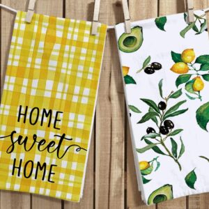 Watercolor Lemon Olive Kitchen Dish Towel 18 x 28 Inch Set of 2, Spring Summer Yellow Lemon Tea Towels Dish Cloth for Cooking Baking