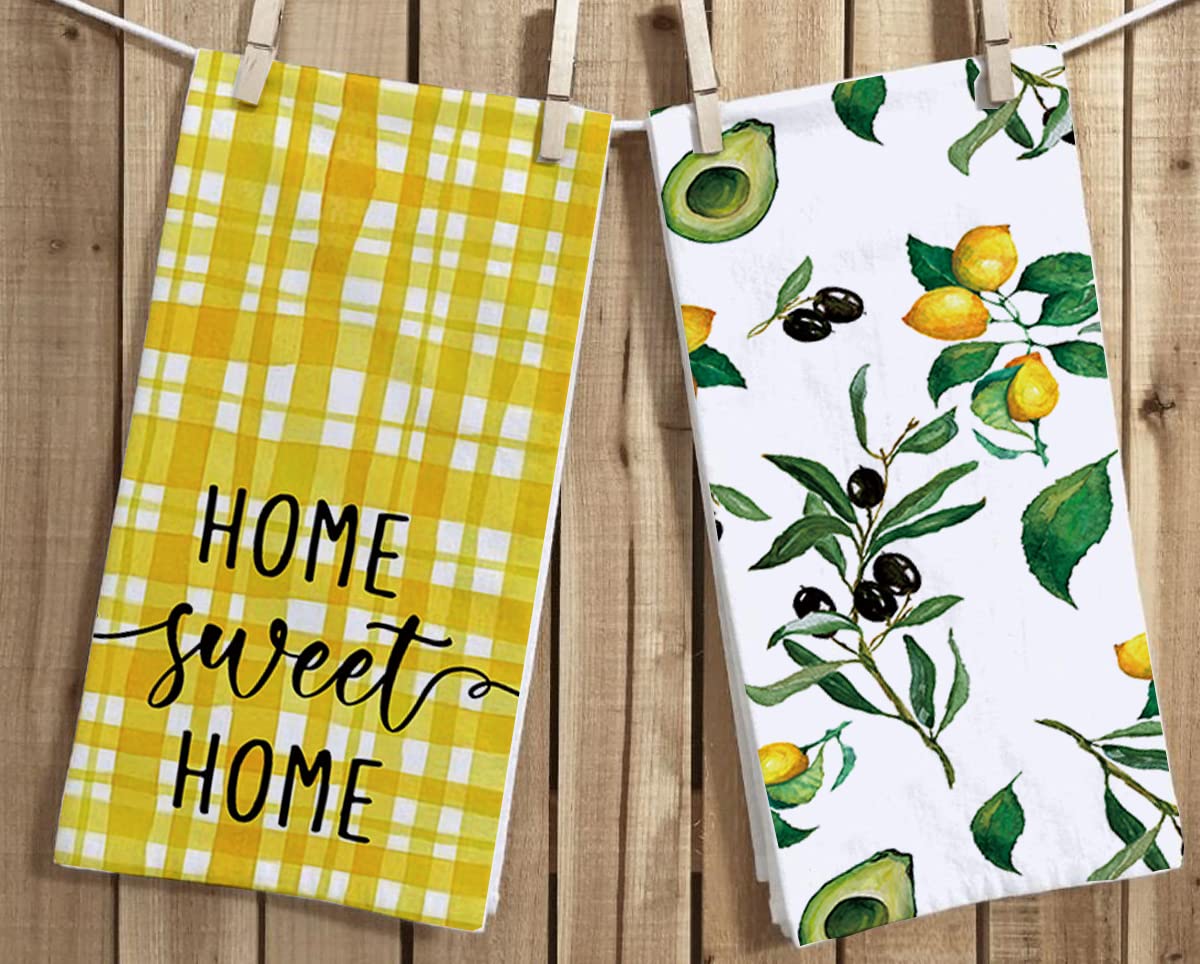 Watercolor Lemon Olive Kitchen Dish Towel 18 x 28 Inch Set of 2, Spring Summer Yellow Lemon Tea Towels Dish Cloth for Cooking Baking