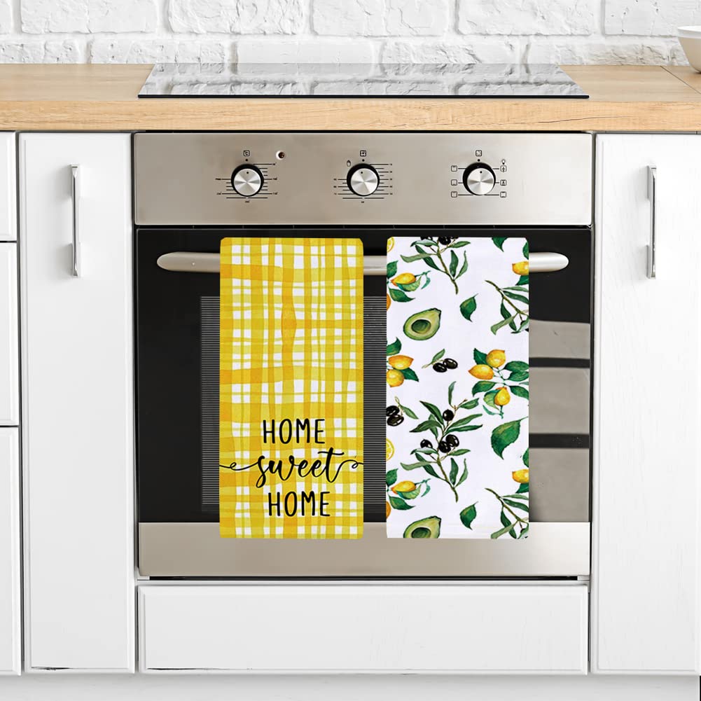 Watercolor Lemon Olive Kitchen Dish Towel 18 x 28 Inch Set of 2, Spring Summer Yellow Lemon Tea Towels Dish Cloth for Cooking Baking