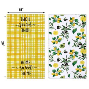 Watercolor Lemon Olive Kitchen Dish Towel 18 x 28 Inch Set of 2, Spring Summer Yellow Lemon Tea Towels Dish Cloth for Cooking Baking