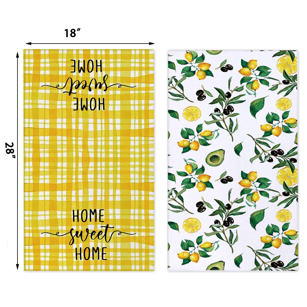 Watercolor Lemon Olive Kitchen Dish Towel 18 x 28 Inch Set of 2, Spring Summer Yellow Lemon Tea Towels Dish Cloth for Cooking Baking