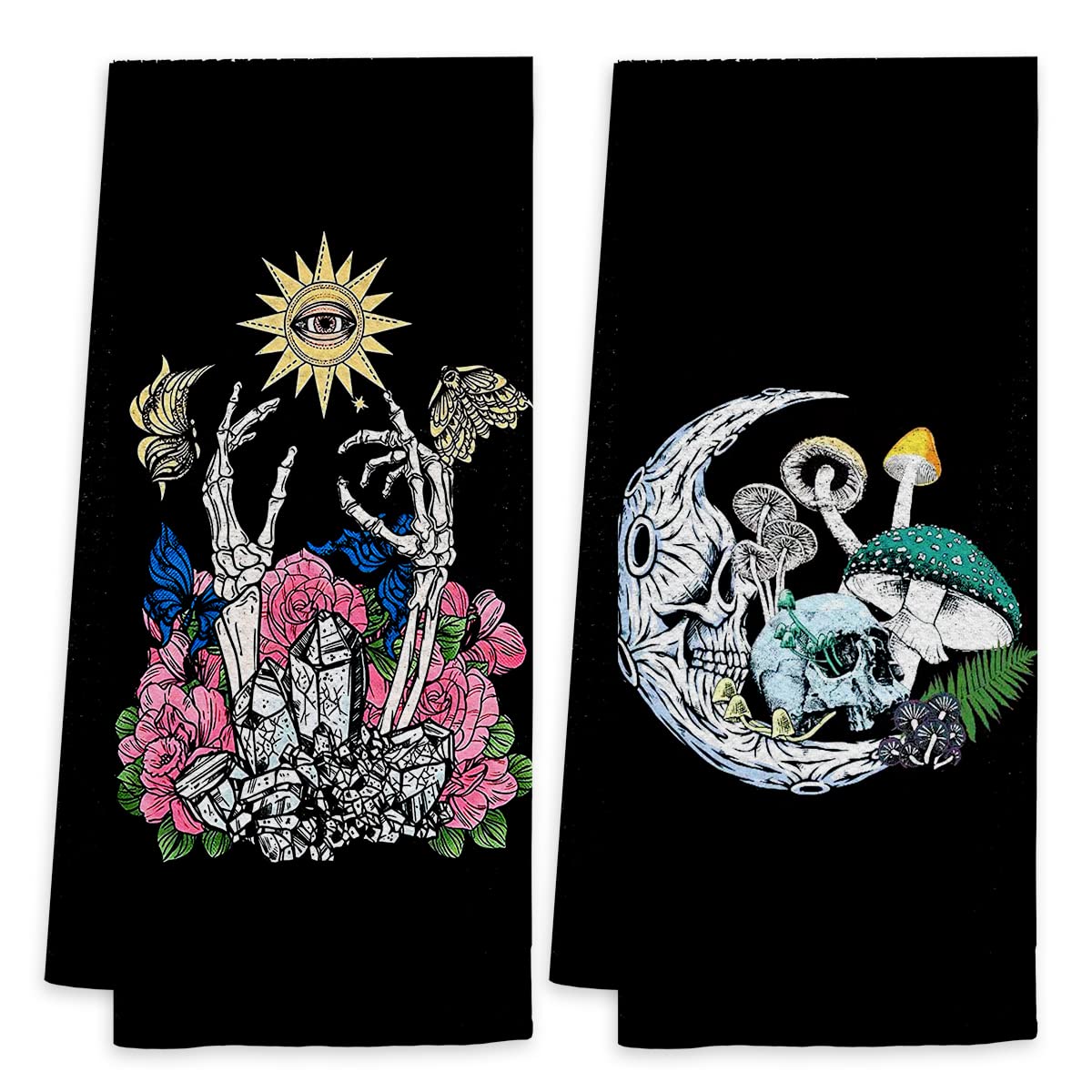 Voatok Gothic Skull Moon Colourful Mushroom Leaves Flowers Kitchen Towels Dish Towels Set of 2,Gothic Skull Halloween Kitchen Hand Towels,Skull Lovers Gifts,Wife Sister Gothic Lover Gifts