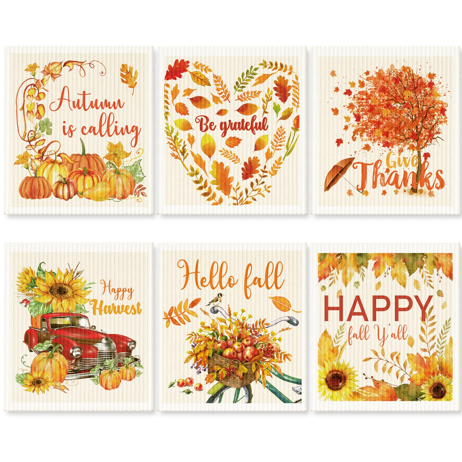 Thanksgiving Swedish Kitchen Dishcloths Pumpkins Multi Purpose Kitchen Towel Absorbent Fall Dish Clothes Soft Reusable Cleaning Dish Cloths Washable Decorative Tea Towels (Autumn Style, 6 Pcs)