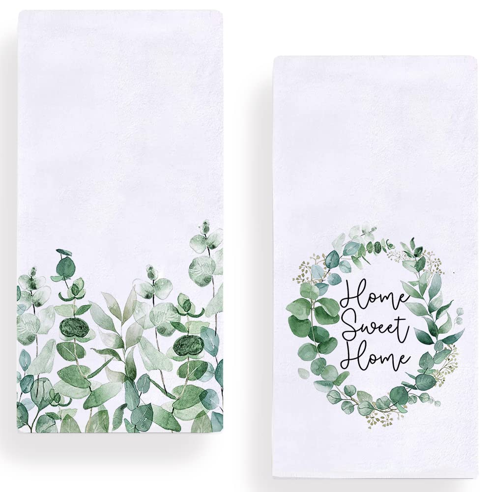 Watercolor Eucalyptus Leaves Home Sweet Home Kitchen Dish Towel 18 x 28 Inch, Summer Greenery Tea Towels Dish Cloth for Cooking Baking Set of 2