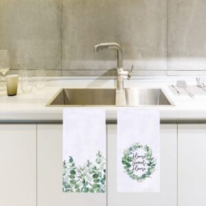 Watercolor Eucalyptus Leaves Home Sweet Home Kitchen Dish Towel 18 x 28 Inch, Summer Greenery Tea Towels Dish Cloth for Cooking Baking Set of 2