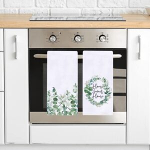 Watercolor Eucalyptus Leaves Home Sweet Home Kitchen Dish Towel 18 x 28 Inch, Summer Greenery Tea Towels Dish Cloth for Cooking Baking Set of 2