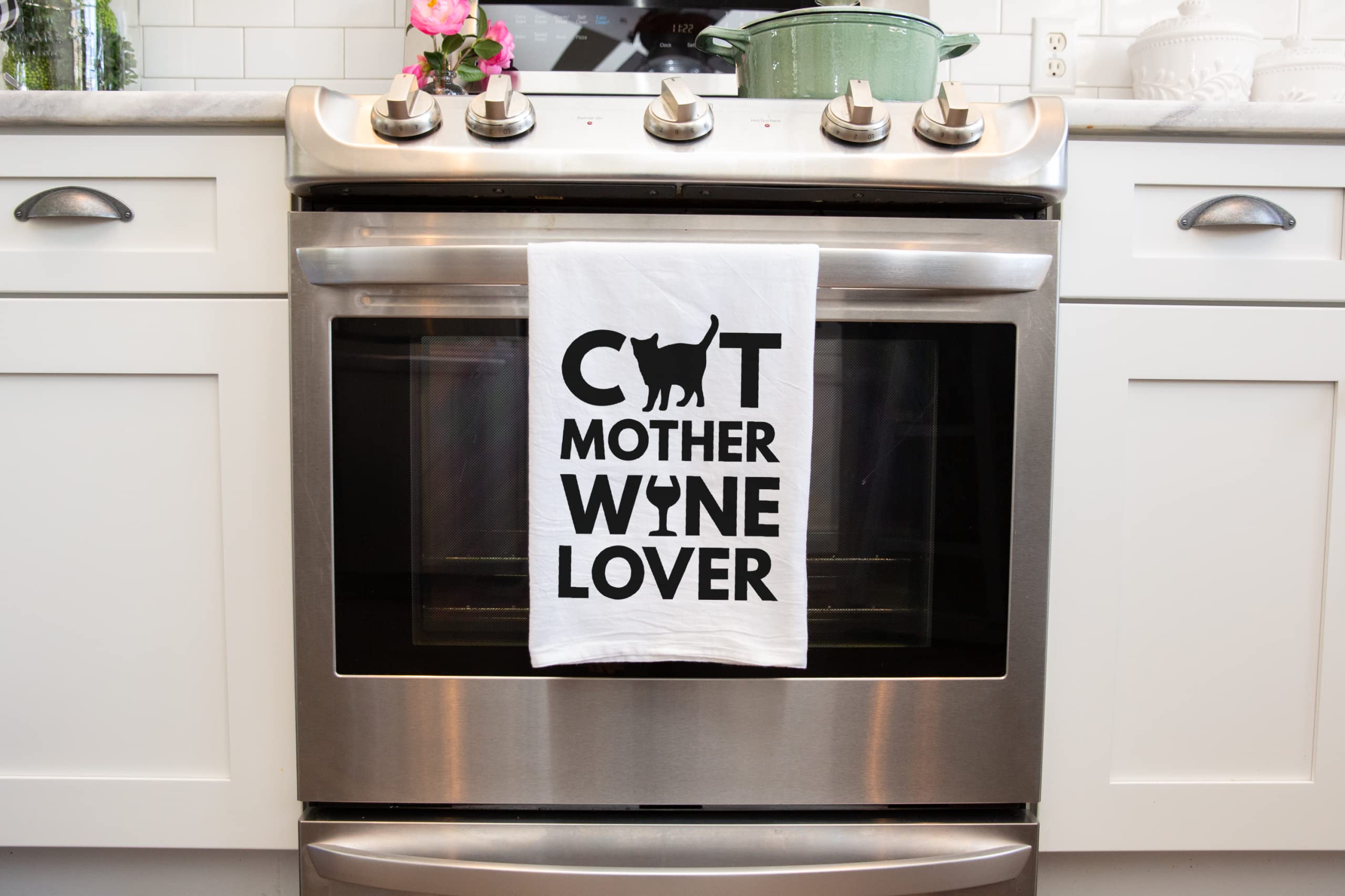 Handmade Funny Kitchen Towel - 100% Cotton Funny Cat Dish Towel - 28x28 Inch Perfect for Housewarming Cat Dog Lovers - Christmas - Pet Lovers Gift (Cat Mother Wine Lover)